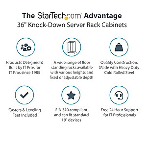 StarTech.com 22U Server Rack Cabinet with secure locking door - 4 Post Adjustable Depth (5.5" to 28.7") - 1768 lb capacity - 19 inch Portable Network Equipment Enclosure on wheels/casters (RK2236BKF)