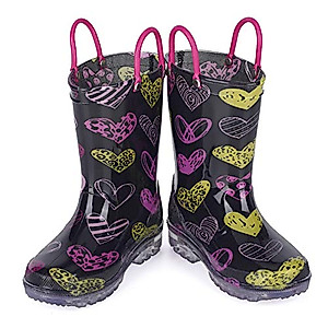 HugRain kids Girls Rain Boots Toddler Light Up Printed Waterproof Shoes Lightweight Adorable Cute Pink Heart Rubber with Easy-On Handles and Insole (Size 2,Black)