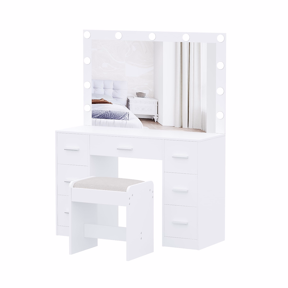 Irontar Vanity Desk with Stool, Makeup Table with Lighted Mirror, 3 Color Lighting Modes, Brightness Adjustable, Dressing Table with Drawers, Vanity Table Set for Women, White WDT004WD