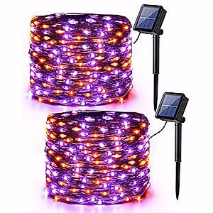 Brizled Orange & Purple Halloween Lights, 39.37ft 120 LED Orange Lights, Purple Solar Halloween Lights 8 Modes, Outdoor Twinkle Orange Halloween String Lights for Halloween Party DIY Decor, Black Wire