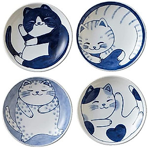 Mino Ware Japanese Small Plate Set Ceramic Cute Cats Design Appetizer Dessert Sushi Sauce Dishes, 3.94 x 0.8 Inches, Set of 4