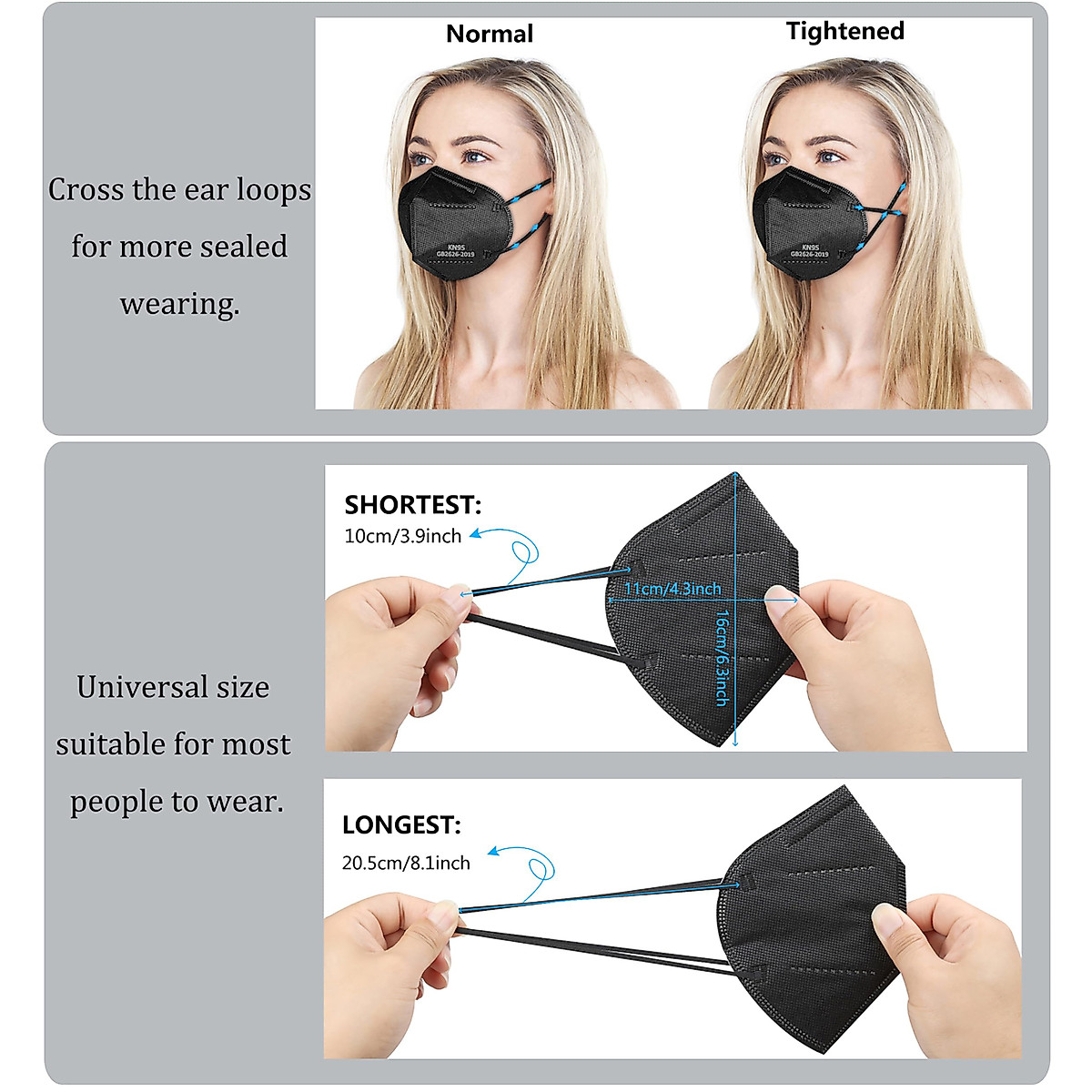 akgk KN95 Face Mask 50 PCS, Breathable Protection Masks, Individually Wrapped, 5-Ply KN95 Black Masks, Cup Dust Safety Masks