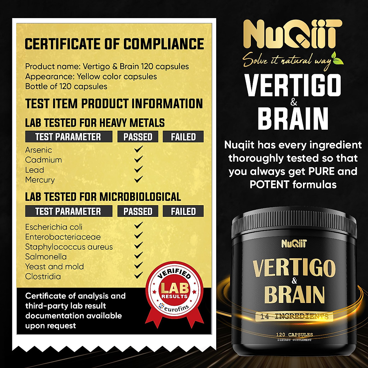 NUQIIT Vertigo & Brain Supplement with Ginkgo Biloba Leaf 10500mg Lions Mane 4500mg & More - Support Memory, Focus & Brain Health - 120 Capsules for 2-Month Supply