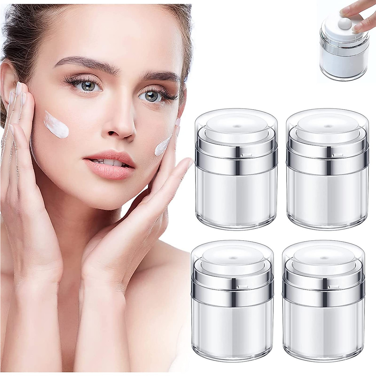 Minsily 4 Pack Airless Pump Jars, 1.7 oz Airless Pump Bottles Cream Jar Vacuum Cosmetics Pump Bottle Dispenser Travel Container Empty Airless Cosmetic Container for Skincare Cream Lotions Moisturizer