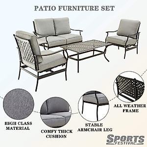 Sports Festival 4 Pieces Outdoor Furniture Patio Conversation Set All Weather Black Metal Armchairs Loveseat with Seat and Back Cushions Rectangle Coffee Table for Deck Lawn Garden (Grey)