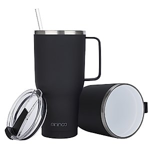 mininoo 40 oz Ceramic Lined Tumbler with Handle and Straw Lid, Stainless Steel Ceramic Travel Coffee Mug Newly Upgraded Latex Outer Layer