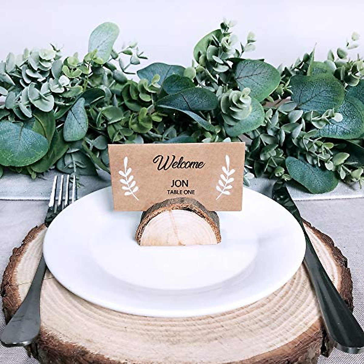 30 Pcs Rustic Wood Wedding Place Card Holders with 32 Pcs Kraft Tented Cards Half-Round Table Numbers Holder Stand Wooden Memo Holder Card Photo Picture Note Clip Holders Escort Card Holder