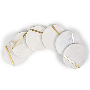 Cork & Mill Marble Coasters for Drinks - Set of 6 Handcrafted Modern Coasters - 4" Wide Drink Coasters - White Marble Coasters with Gold Brass Inlay - Made from Real Solid Marble