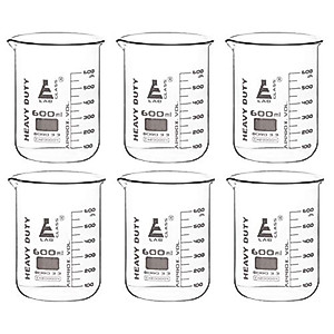 EISCO 6PK Heavy Duty Beakers, 600ml - 5mm Thick, Uniform Walls - Superior Durability & Chemical Resistance - White Graduations - Borosilicate 3.3 Glass