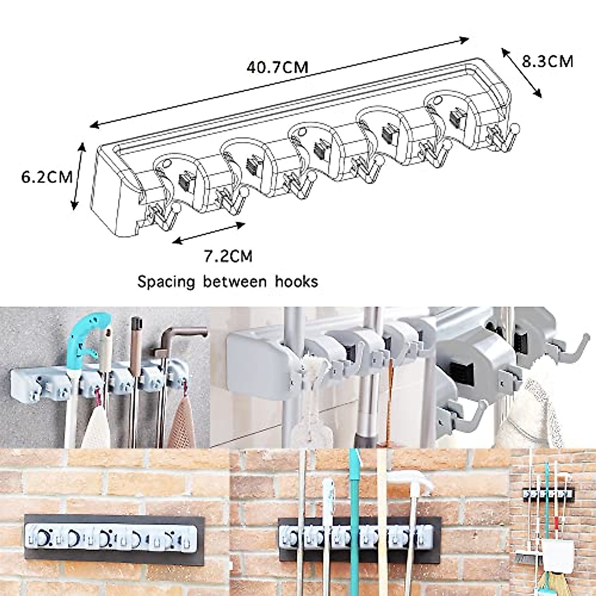 Broom Holder Wall Mount and Garden Tool Organizer, Closet Storage, Kitchen Rack, Home Organization and Garage Organizer,5 Position with 6 Hooks Garage Storage Holds up to 11 Tools