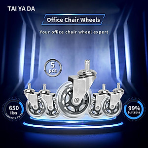 TAIYADA Silver Office Chair Wheels Replacement for Hardwood Floors and Carpet, Rubber Casters no Noise Safe Rolling, Set of 5 Heavy Duty Rollerblade Casters Fits 99% Office Chairs
