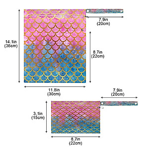 Sea Mermaid Scales Wet Dry Bags Sets Colorful Cute Baby Cloth Diaper Bag Waterproof Reusable Organizer with Two Zippered Pockets Beach Travel Washable Bag for Swimsuits Wet Clothes 2 pcs