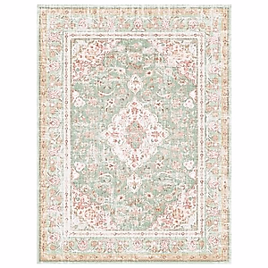 Vhong Washable Area Rugs Boho Vintage Modern Neutral Small Carpet Green and Pink High Traffic Rugs 3×5 for Dinning Room Living Room Bedroom Farmhouse Non Slip