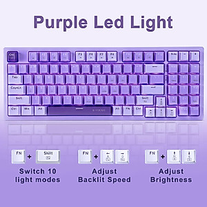 HUO JI Mechanical Gaming Keyboard USB Wired Compact with Number Pad, Purple Led Backlit, Red Switch, Detachable Type C Cable, 94 Keys for PC/Computer/Laptop, Purple and White