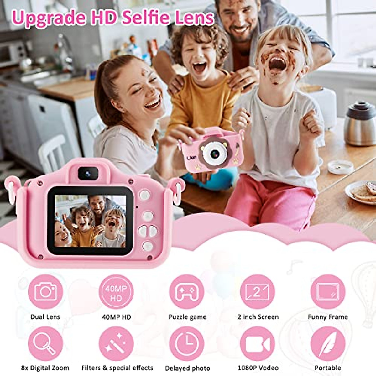 Kids Camera, 2023 Upgrade HD Selfie Kids Digital Camera, Birthday Toys for Girls Boys Age 3-12, Toddler Camera, Camera for Kid with 32GB SD Card, Toys for 3 4 5 6 7 8 Girls Boys (Pink)