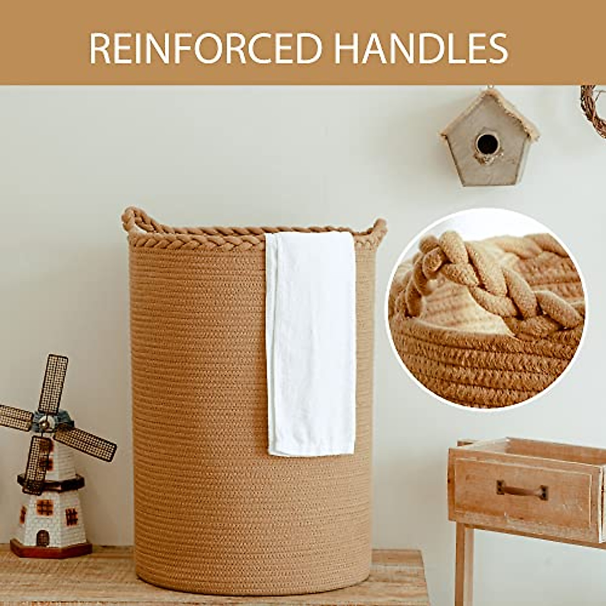 Homlikelan 58L Cotton Woven Laundry Hamper,Foldable Laundry Basket for Blankets,Pillows,Toys,Shoes Tall CLothes Hamper Laundry Bin Light Brown 20''H 15''D