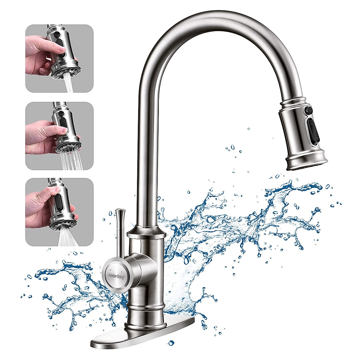Kitchen Faucet with Pull Down Sprayer Brushed Nickel - WaterSong Kitchen Sink Faucet Single Handle 1Hole with Deck Plate, Farmhouse Kitchen Sink Faucet for Kitchen Sink RV, 3 Spray Mode,100% Lead-free