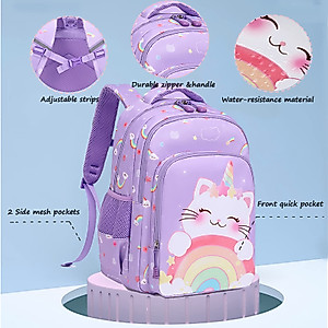 Jumpopack Unicorn Backpack for Girls School Backpack for Elementary Girls Backpack with Lunch Box Lightweight Water Resistance School Bag Preschool Kids Bookbag,Unicorn Cat