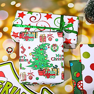 Whaline 12 Sheet Christmas Wrapping Paper Funny Cartoon Character Gift Wrap Paper Xmas Red Green Folded Flat Decorative DIY Craft Art Paper for Party Decor Supplies, 19.7 x 27.6 inch