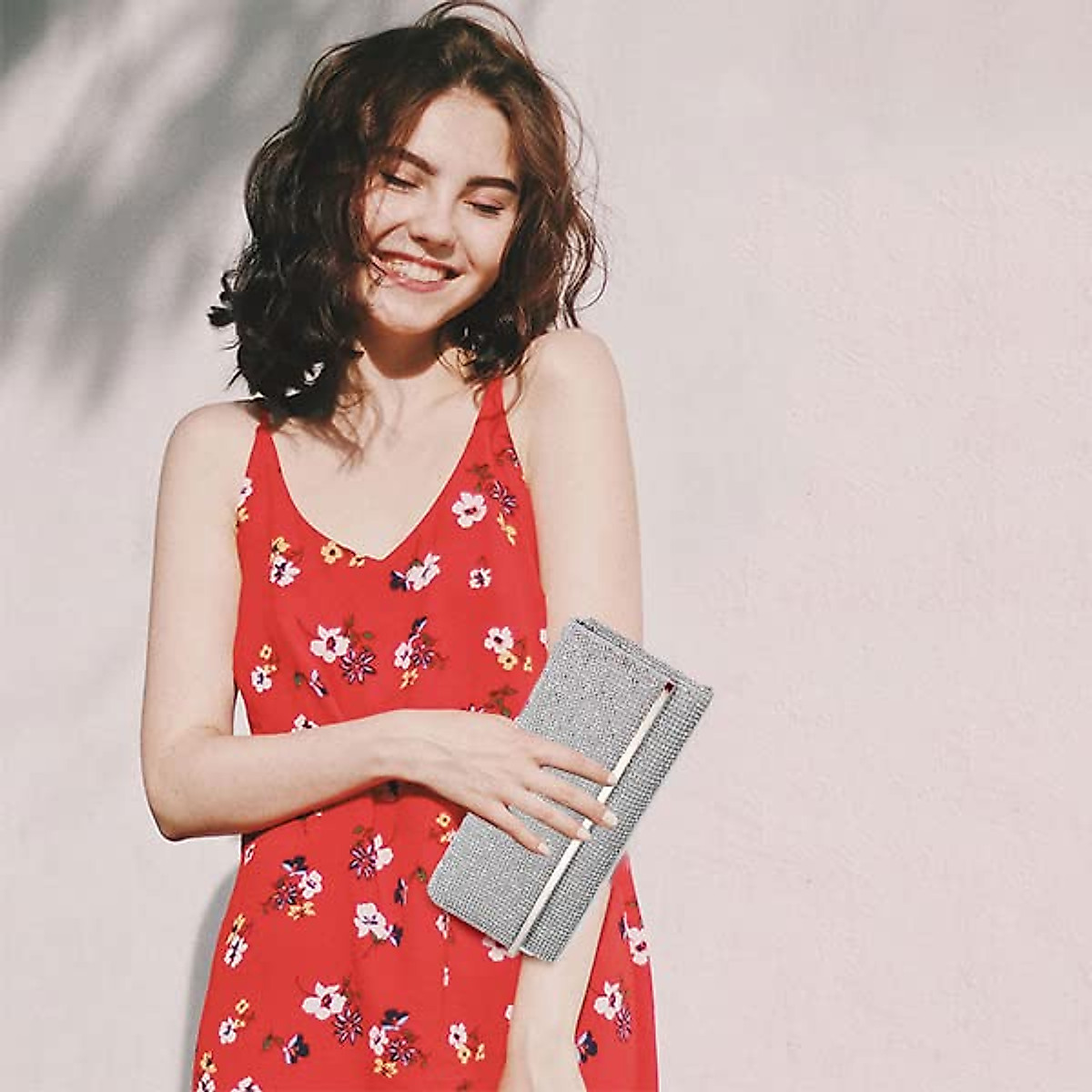 Tanpell Women's Soft Rhinestone Crystal Evening Clutch Bags Bling Purse with Detachable Chain for Prom Party Silver