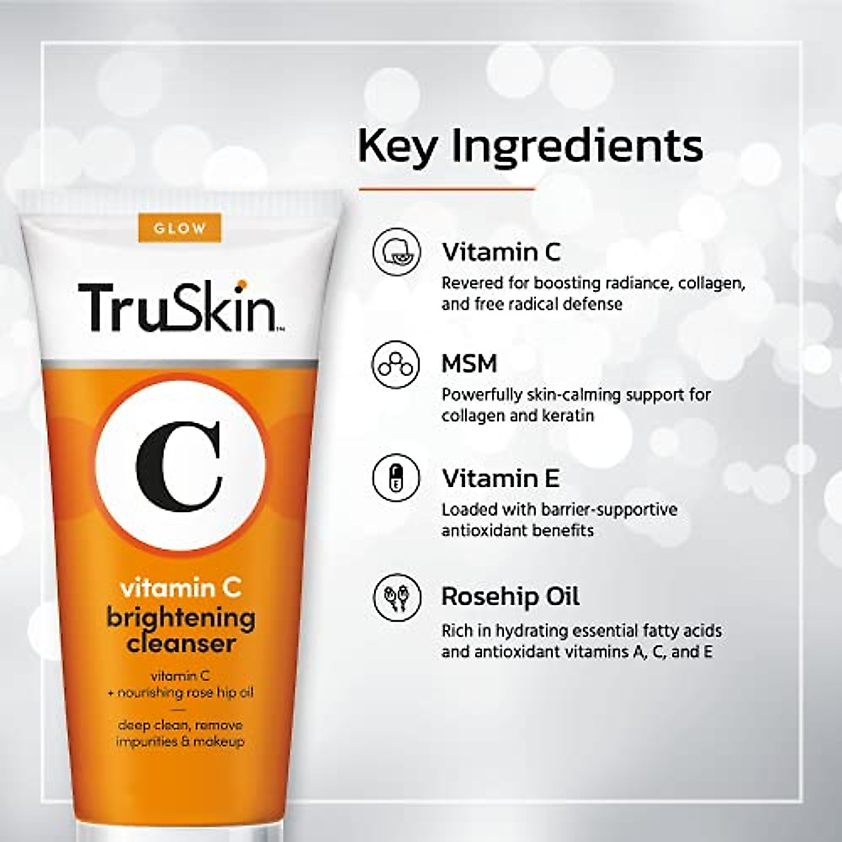 TruSkin Vitamin C Cleanser for Face - Brightening Face Wash with Vitamins C & E, Rosehip Oil, Aloe Vera and MSM - Deep Clean and Refresh for Radiant, Healthy-Looking Skin, 5 fl oz