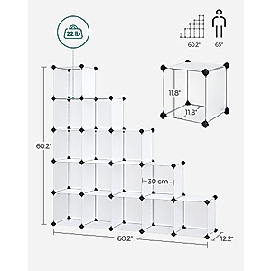 SONGMICS Cube Storage Organizer, Set of 16 Plastic Cubes, Book Shelf, Closet Organizers and Storage, Room Organization, Shelving for Bedroom Living Room, 12.2 x 48.4 x 48.4 Inches, White ULPC44L