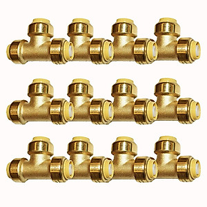 HQMPC 3/4" Pex Tee Push Fit Plumbing Fitting, Push-to-Connect, Brass, 12 Pack
