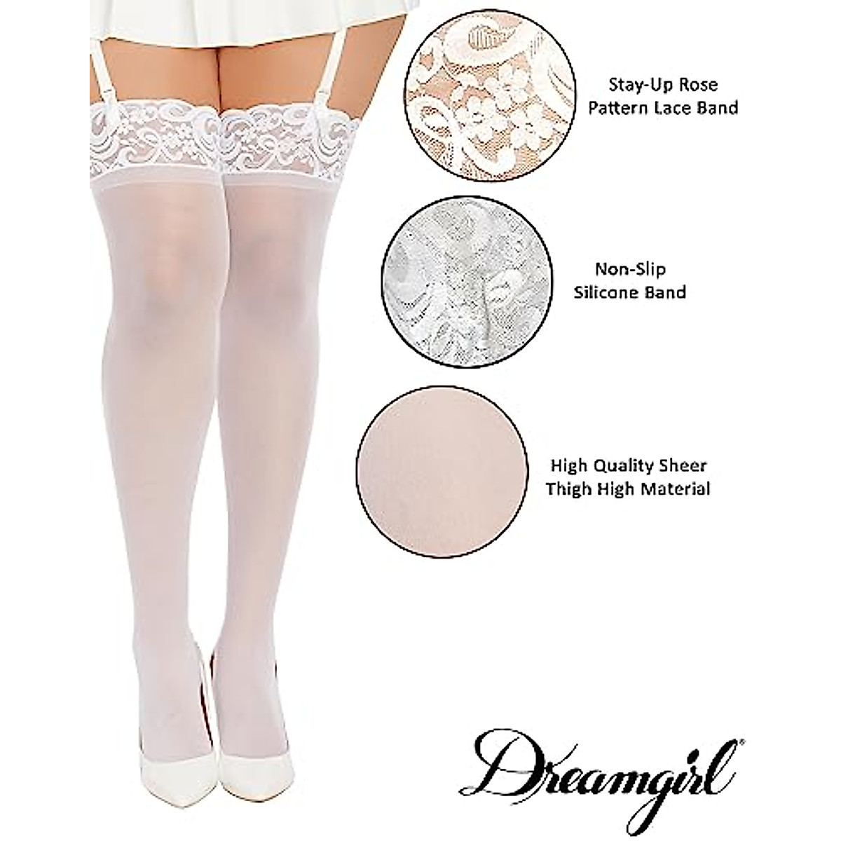 Dreamgirl Women's Plus-Size Lace Top Sheer Thigh-High Stockings, White, Queen/Small