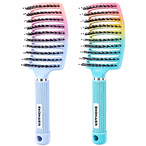 2 Pack Detangling Brush Getting Knots Out without Pain Adds Shine and Makes Hair Smooth,Detangler Boar Bristle Hair Brush for Adult & Kids Wet or Dry Hair(Green&Blue)