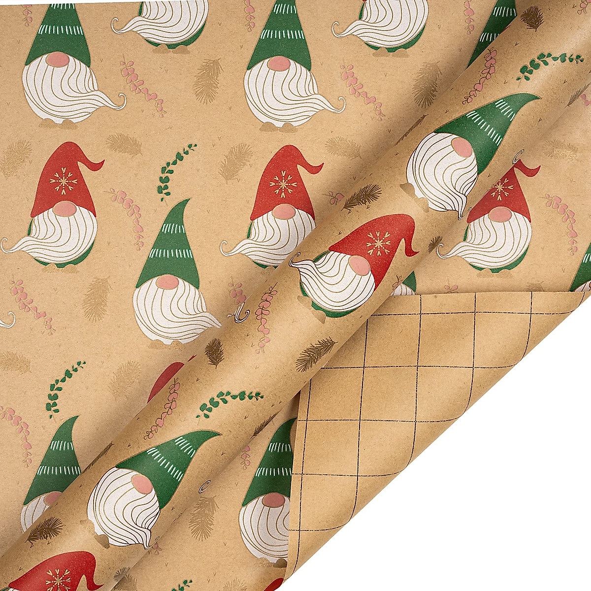 RUSPEPA Christmas Wrapping Paper, Kraft Paper - Santa Claus, Gnome, Snowflake and Merry Christmas - 4 Rolls - 30 inches x 10 feet per Roll
