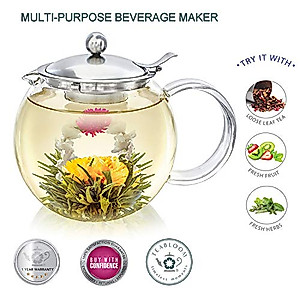 Teabloom All-in-One Glass Teapot and Tea Kettle – Heatproof Borosilicate Glass Tea Maker with Removable Stainless Steel Loose Tea Infuser – Classica Stovetop Tea Pot (40 oz)