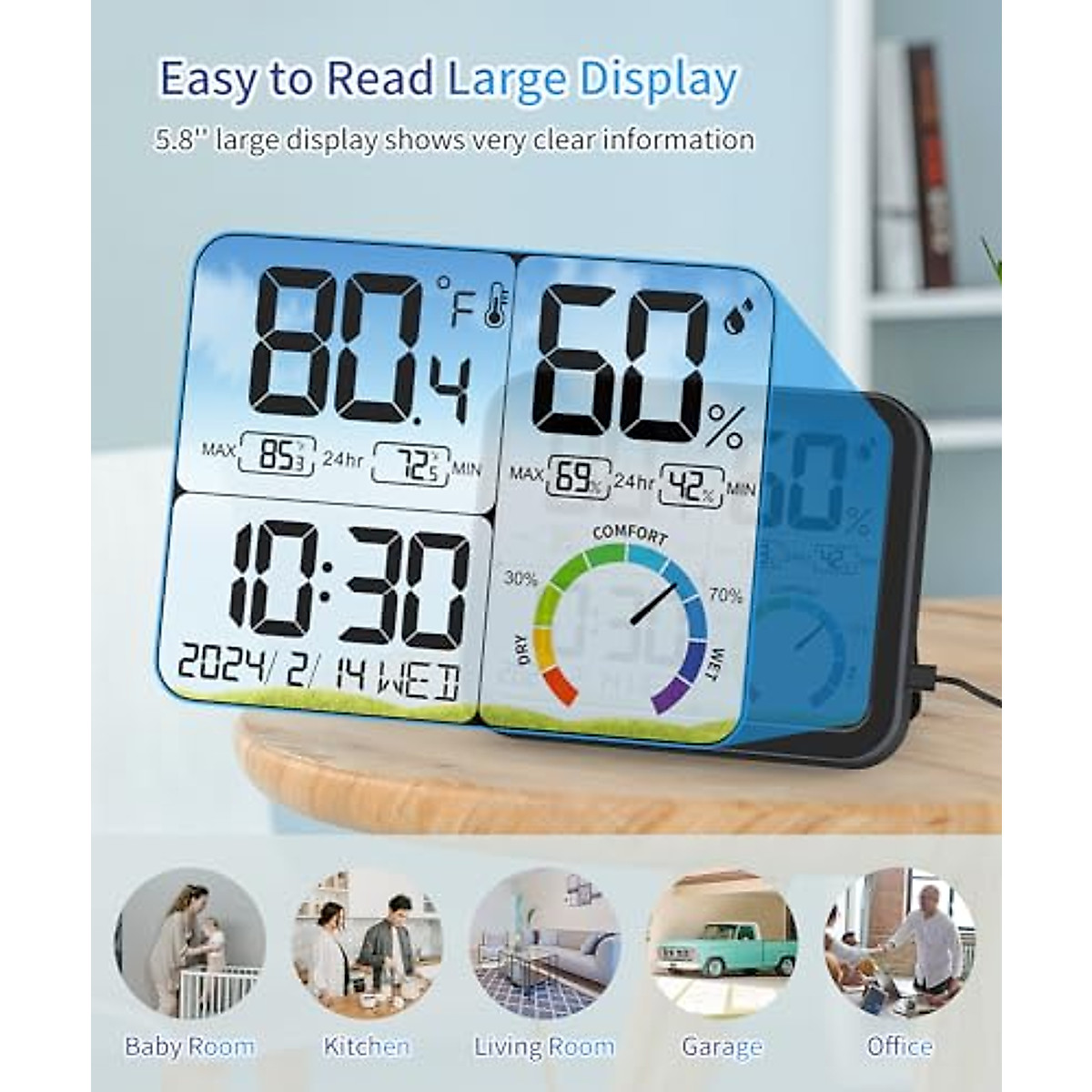 VOCOO Digital Indoor Room Thermometer - 5.8'' Extra Large Display Temperature Humidity Sensor with Accurate Temp Humidity Gauge Monitor, Calibration, Max & Min Records, Comfort, Backlit, Date & Clock