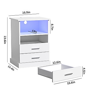 Halitaa Nightstand with Charging Station, LED Lights Side Table with 3 Drawers, End Table for Bedroom Office White