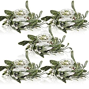 5 Pieces Pillar Candle Rings Wreaths Artificial Mistletoe Wreaths with Pearl Accents Country Primitive Candle Lambs Ear Wreath for Wedding Table Party Home Decor, 3.1 Inch Inner Diameter