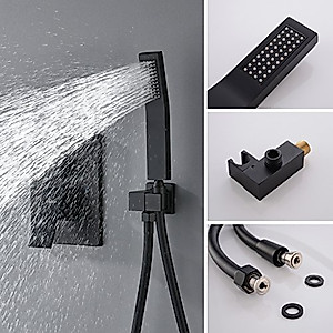 KOJOX 12 Inch Matte Black Shower System with High Pressure Rain Shower Head, Handheld Shower head, Bathroom Luxury Mixer Shower Combo Set Wall Mounted Shower Faucet Rough-in Valve and Trim Kit