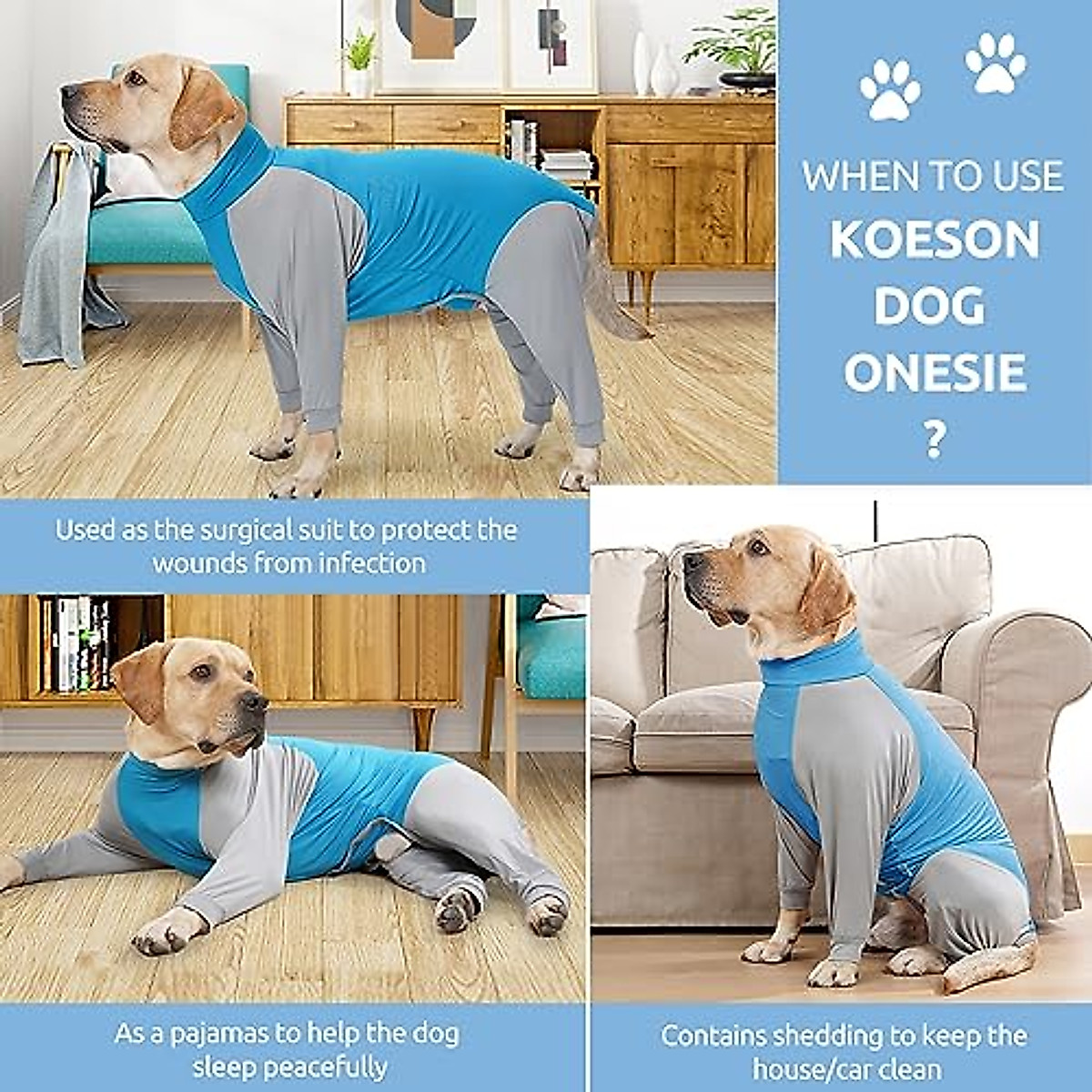 KOESON Dog Recovery Suit, Dog Onesie for Surgery Anti Licking Dog Surgical Recovery Suit for Abdominal Wound, Long Sleeve Dog Jumpsuit for Medium & Large Breeds Blue 3XL