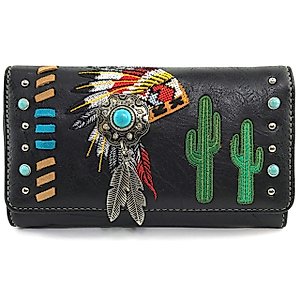 Zelris Native Indian Chieftain Headdress Feather Turquoise Stone Cactus Wallet (Black)