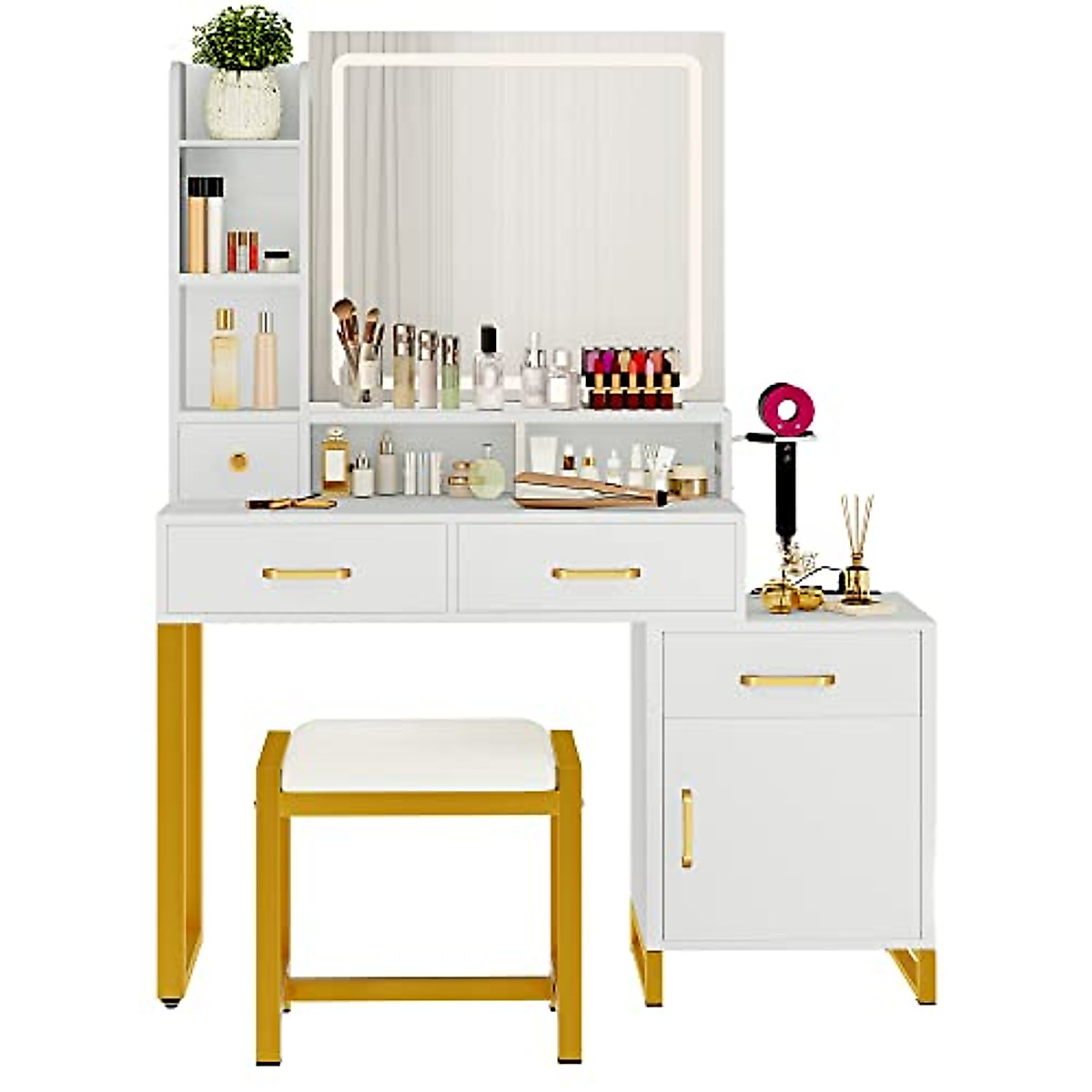 DWVO Vanity Desk with Mirror and Lights, Makeup Vanity with Lights and Drawers, Vanity Mirror with Lights and Table Set, 3 Color Adjustable Lighting Brightness & Power Outlet, White