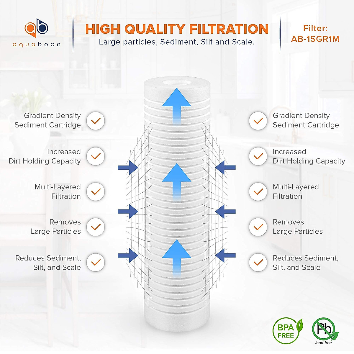 Aquaboon 1 Micron 10" x 2.5" Grooved Sediment Water Filter Replacement Cartridge for Any 10 inch RO Unit, Whole House Sediment Filtration, Compatible with P5, AP110, WFPFC5002, CFS110, RS14, 4-Pack