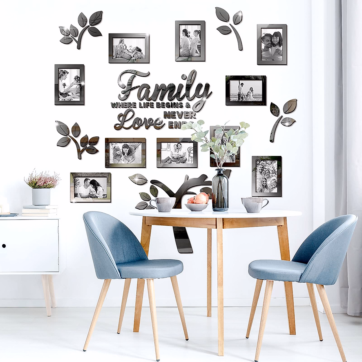 Family Tree Wall Decal Acrylic 3D DIY Mirror Sticker Photo Frames Removable Wall Art Decals Home Decorations for Living Room Bedroom Kitchen Dining Office, 47 x 47 Inch(Black)