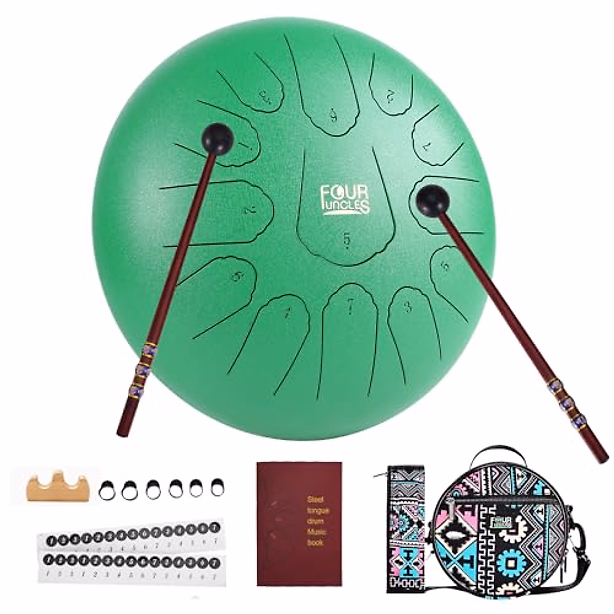 FOUR UNCLES Steel Tongue Drum 12 Inch 13 Notes Hand Pan Drums with Travel Bag Sticks Music Book Mallets, C Major Musical Instruments for Entertainment Meditation Yoga Zen Gifts (Emerald Green)