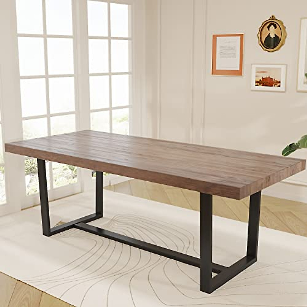 SOSPIRO 72 inch Wood Dining Table for 6 to 8, Industrial Rustic Rectangular Farmhouse Table with Steel Legs Metal Frame For Kitchen, Dining Room, Home Furniture, Brown
