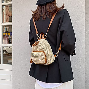 OWGSEE Summer Trendy Handmade Woven Crochet Straw Backpack Boho Backpack Purse for Women Vacation (Beige)