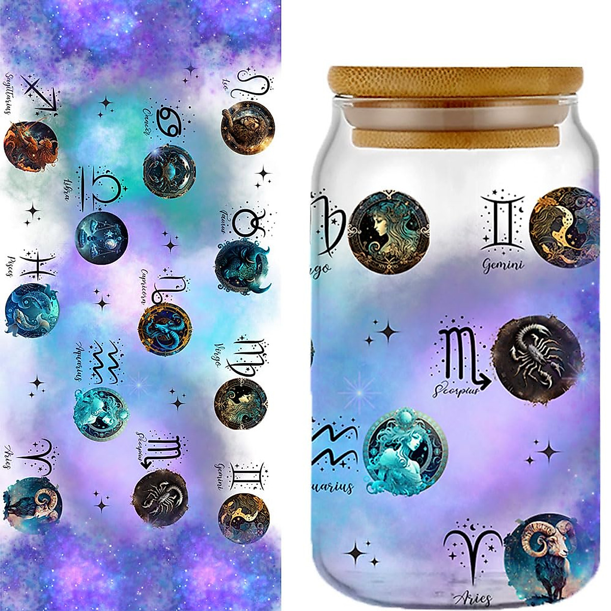 Myhiju UV DTF Cup Wrap Transfer Sticker for Glass Coffee Cups,5 Sheets of Mixed Style UV DTF Transfer Sticker for 16oz Libbey Glass Cups,DIY Waterproof Clear Film Rub on Transfers Stickers Decals.