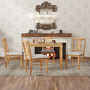 SIYSNKSI 5-Piece Farmhouse Kitchen Dining Table Set, Wooden Rectangular Dining Table with 4 Upholstered Chairs, Kitchen Furniture Set for Dining Room (Natural Wood 077)