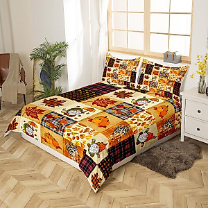 Fall Bedding Set Thanksgiving Day Gifts Duvet Cover for Boys Girls Women Autumn Harvest Comforter Cover Happy Fall Y'All Fall Season Bedspread Cover Geometry Grid Patchwork Bedding Queen Size