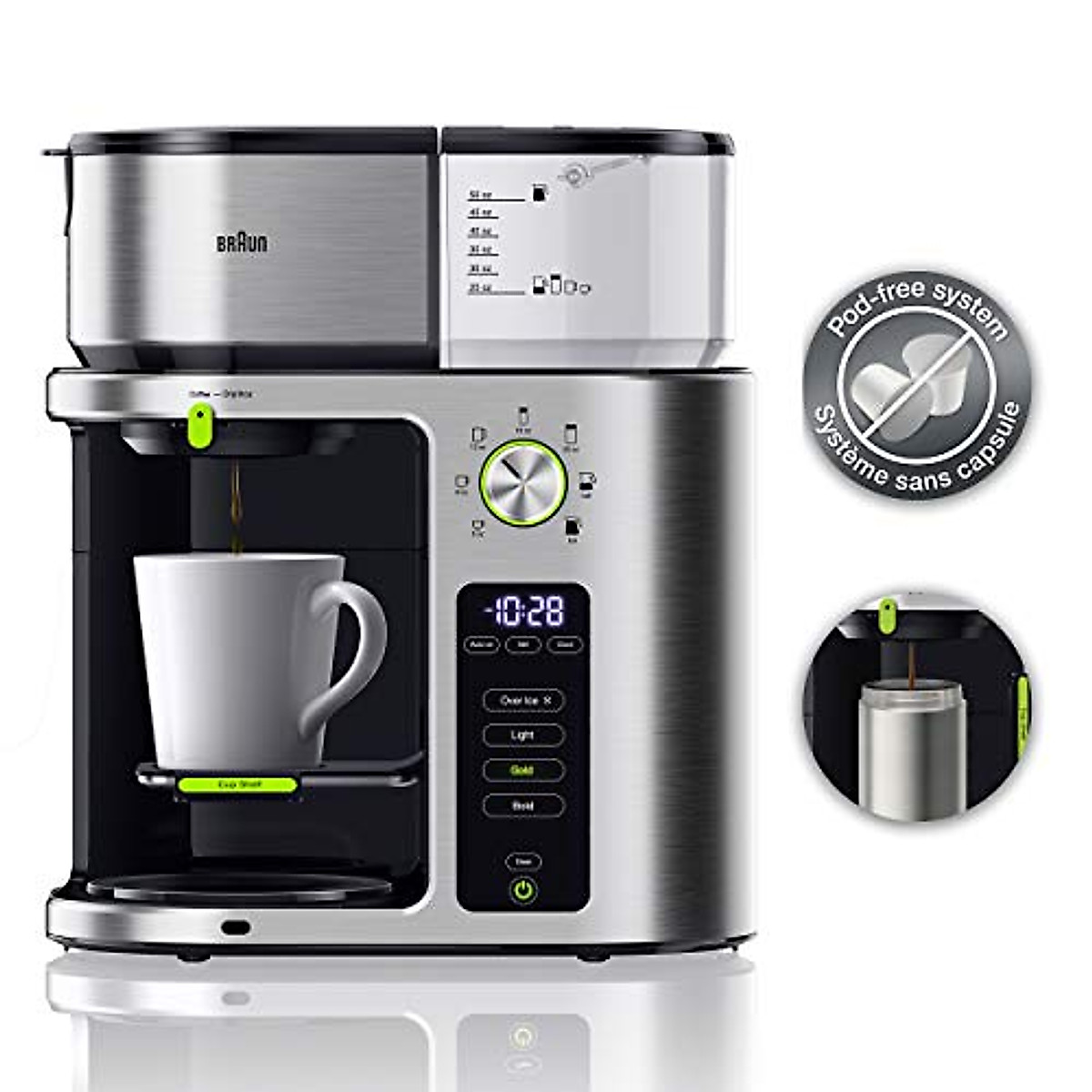 Braun MultiServe Coffee Machine 7 Programmable Brew Sizes / 3 Strengths + Iced Coffee, Glass Carafe (10-Cup), Stainless Steel, KF9070S