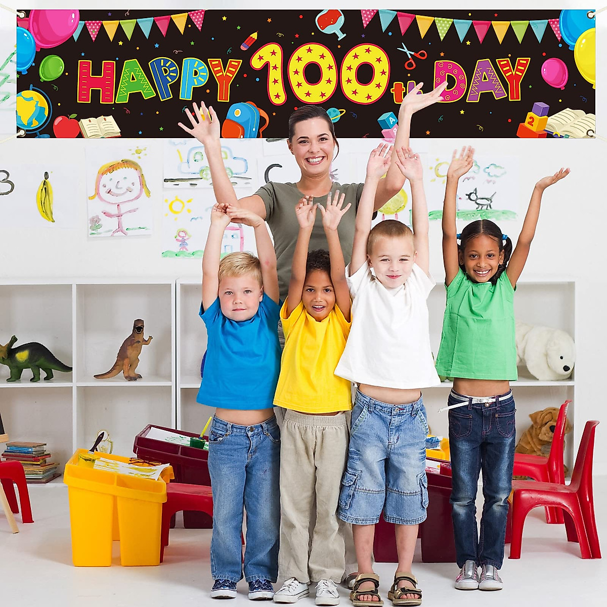 100th Day of School Banner Decoration Outdoor Happy 100 Days Banner Backdrop Sign for Kindergarten Preschool Primary School 100th Day Party Favor Supplies