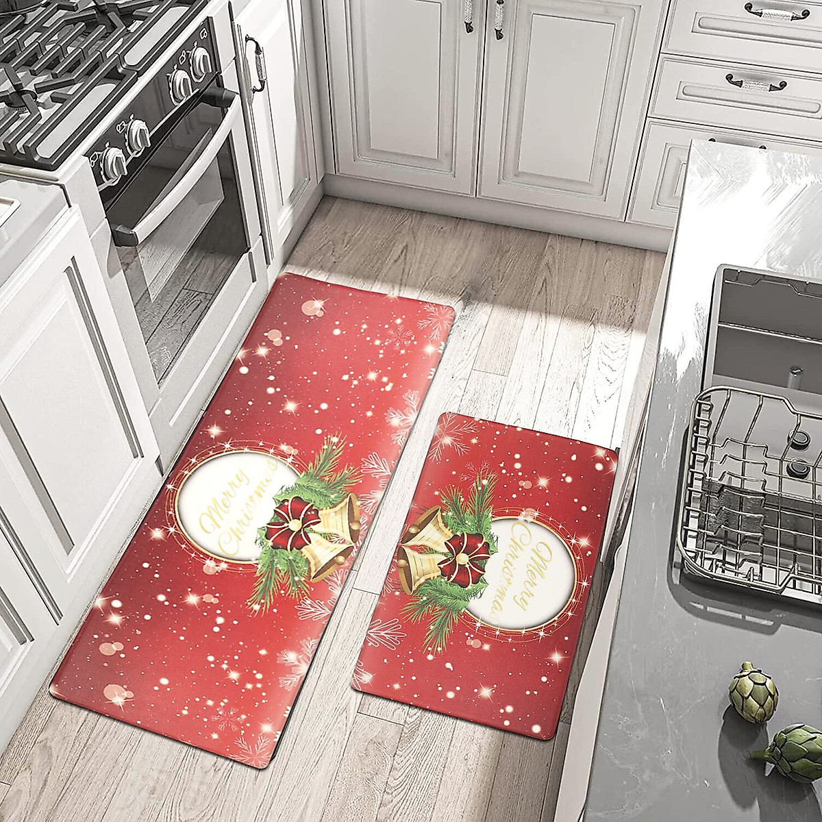 Falflor Christmas Kitchen Rugs and Mats 2PCS Cushioned Anti-Fatigue Kitchen Floor Mats Waterproof Standing Mats for Sink Kitchen Floor Landury