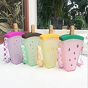 Yunqin plastic water bottle cute watermelon ice cream water bottle with straws anti-fall portable popsicle cup outdoor sports (Green)